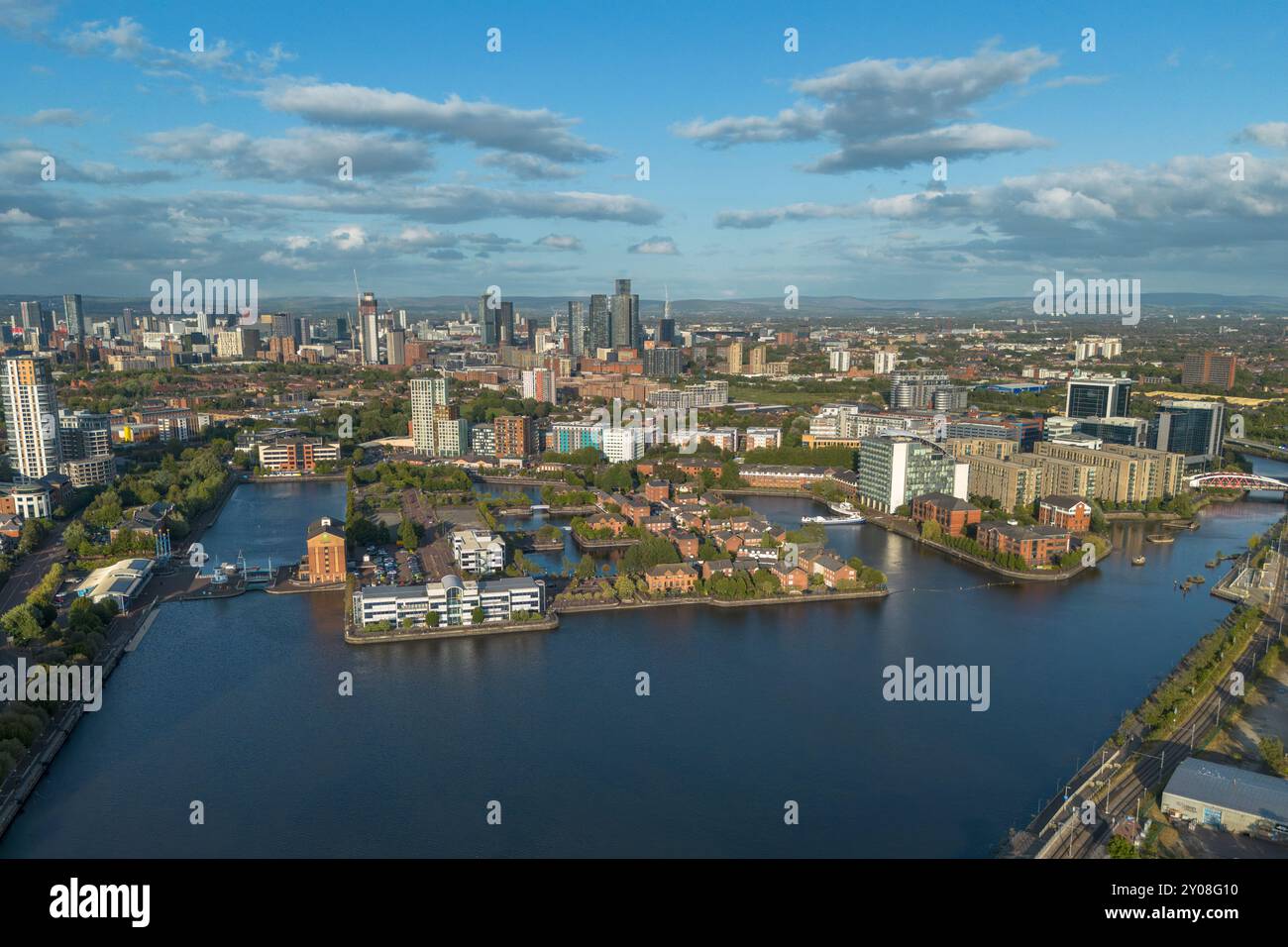Aerial view of the skyline of Manchester viewed from Salford Quays ...