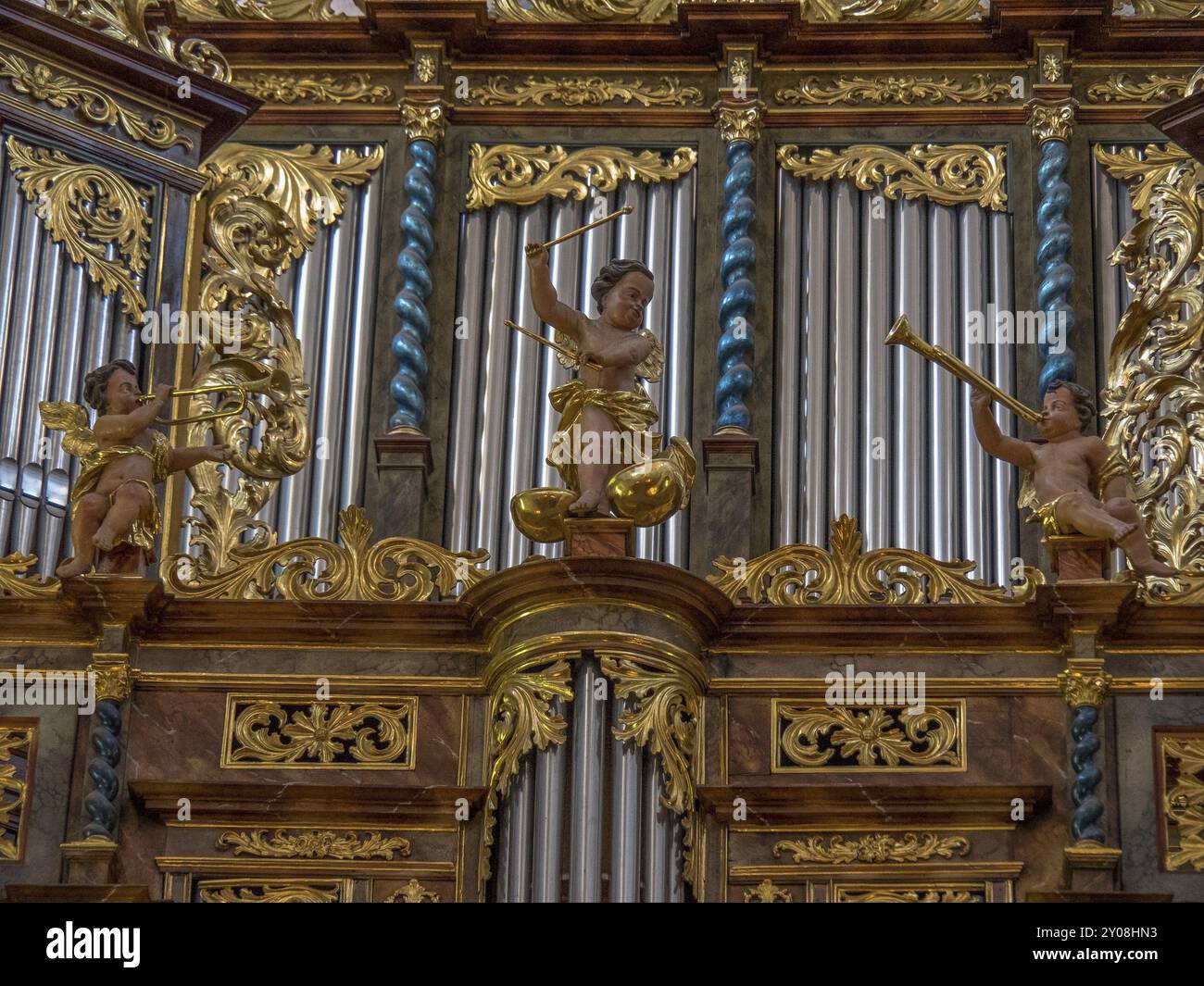 Detailed golden organ with angel figures in a church, Duernstein ...