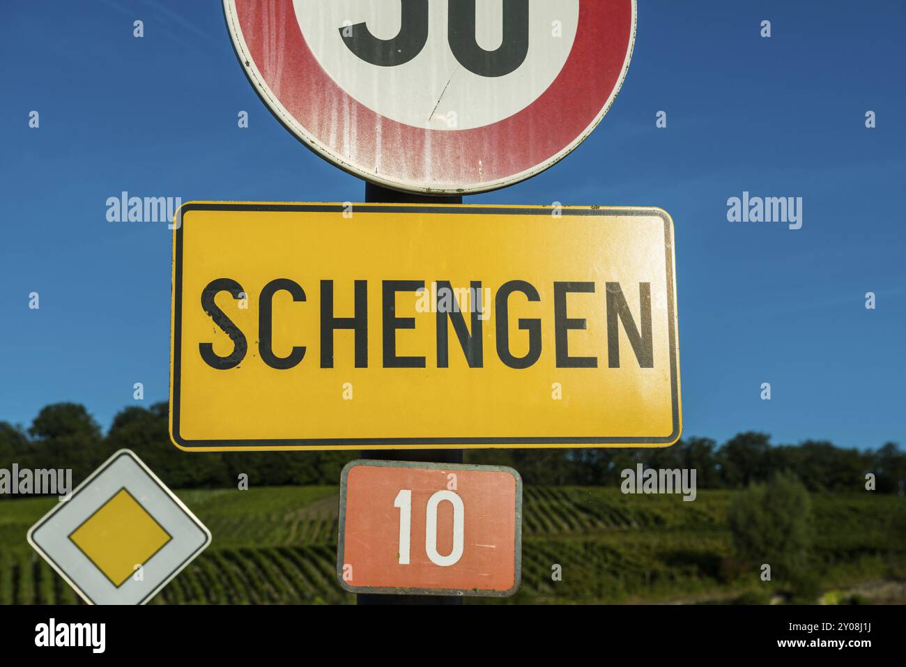 Road sign, Schengen lettering, Schengen, Canton of Remich, Luxembourg ...