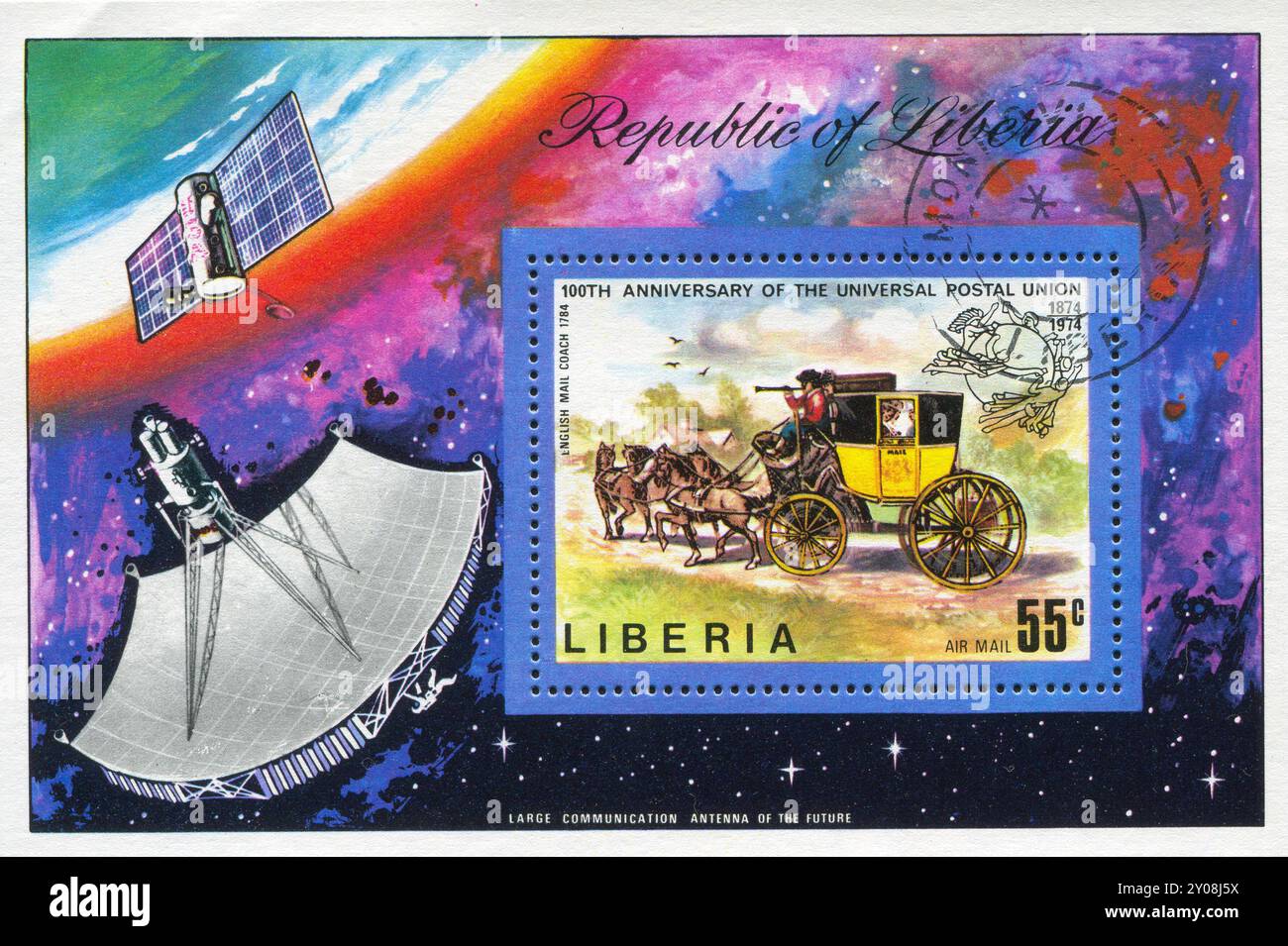 LIBERIA - CIRCA 1974: stamp printed by Liberia, shows UPU emblem and english coach, circa 1974 ...