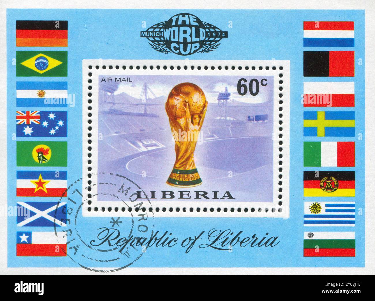 LIBERIA - CIRCA 1974: stamp printed by Liberia, shows Worls soccer championship cup, Munich ...