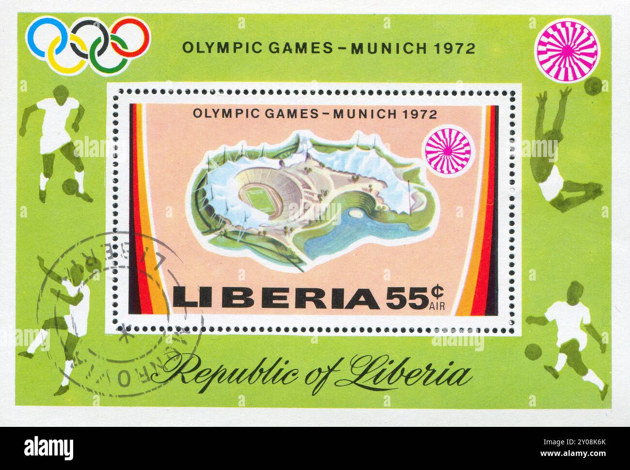 LIBERIA - CIRCA 1972: stamp printed by Liberia, shows Olympic stadium, footballers and emblem ...