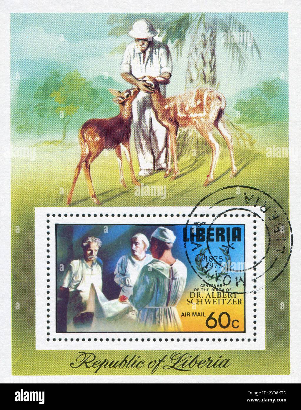 LIBERIA - CIRCA 1975: stamp printed by Liberia, shows Albert Schweitzer as surgeon in Lambarene ...