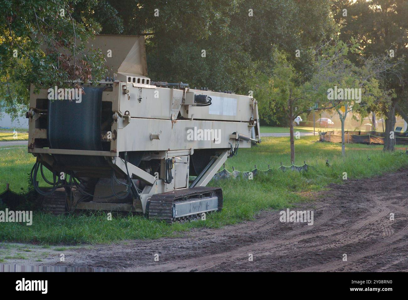 Wide side view near sunset large Construction Conveyor Feeder Stacker ...