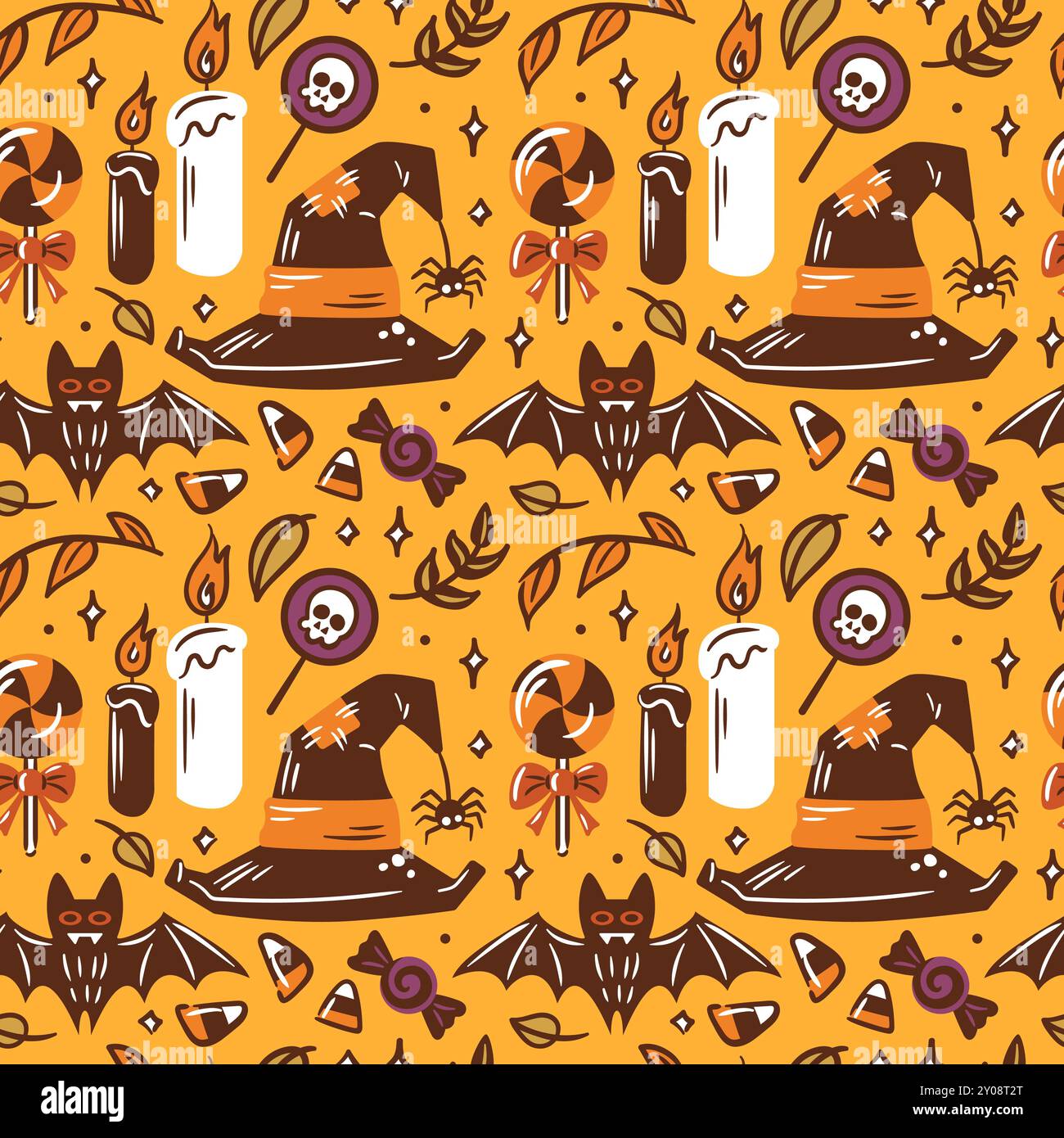 A vibrant and colorful Halloween pattern that includes witches, bats ...