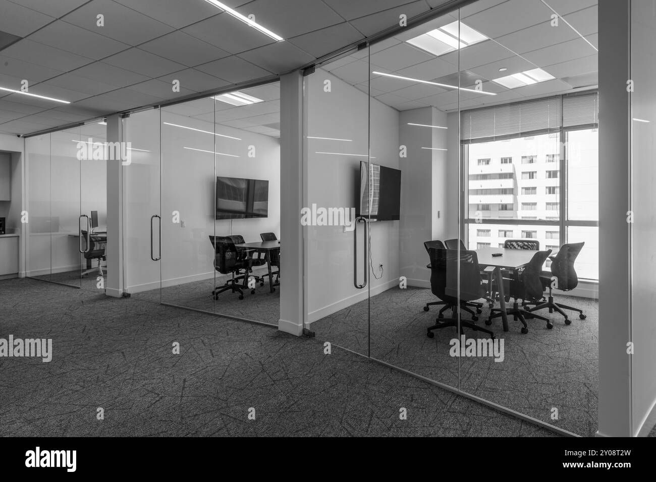 Office spaces in a row with glass walls, Brickell, Miami, Florida, USA ...