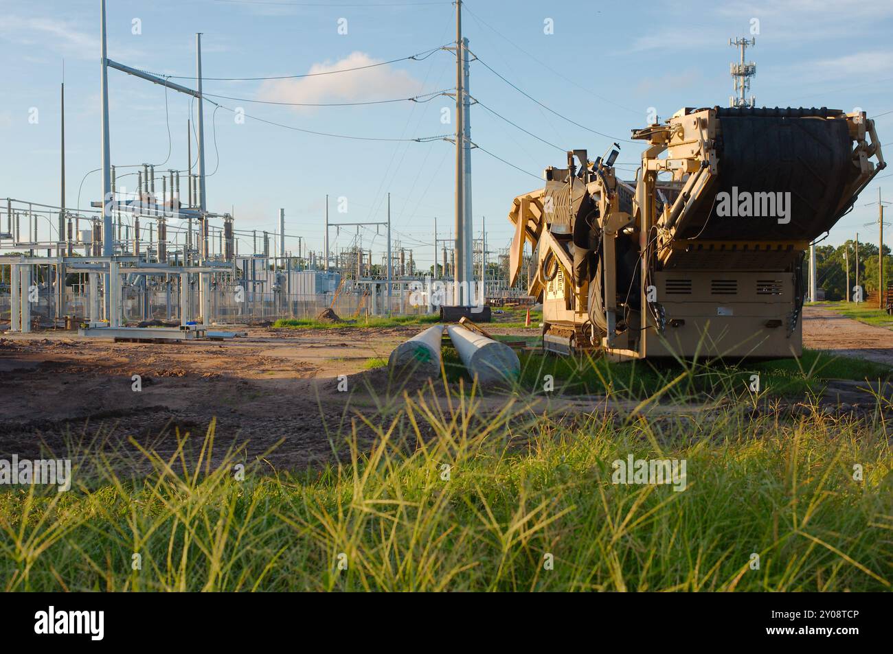 Wide side view near sunset large Construction Conveyor Feeder Stacker ...
