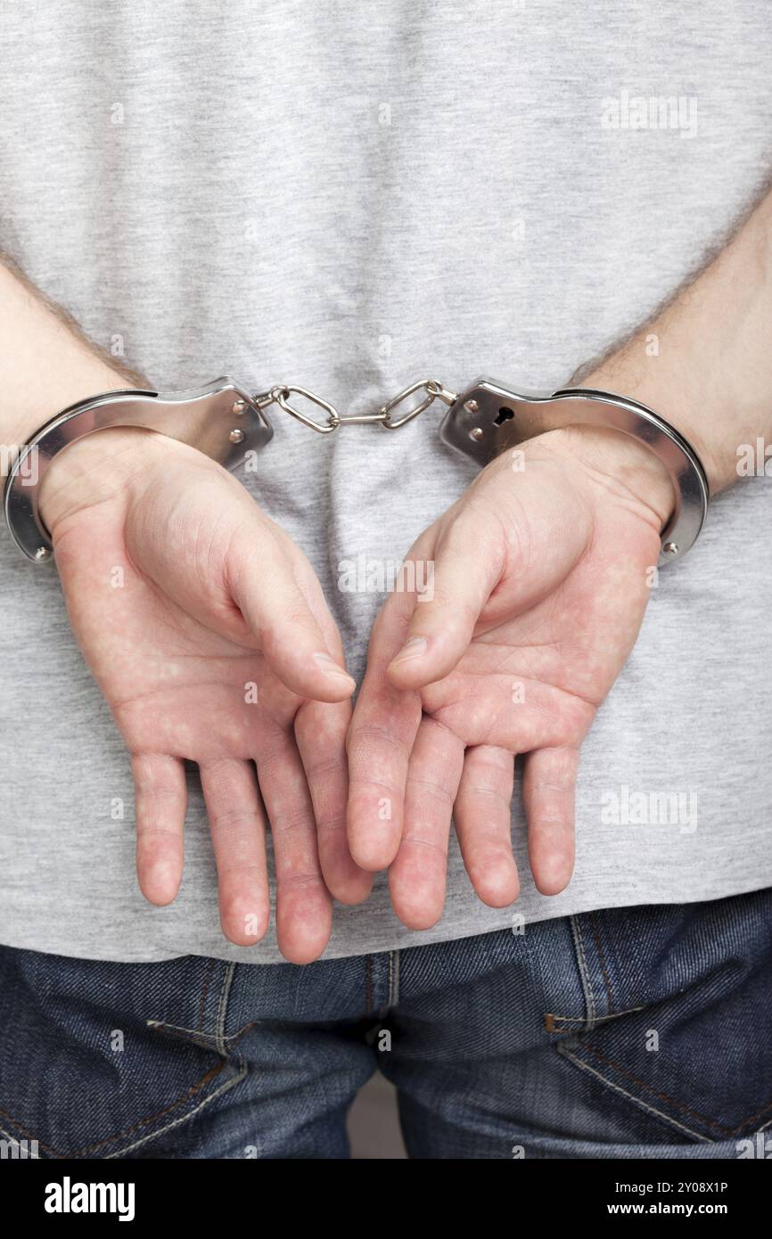 Police law steel handcuffs arrest crime human hand Stock Photo - Alamy
