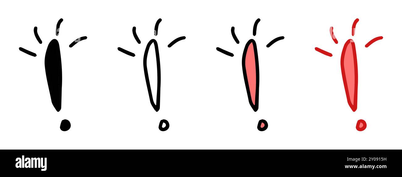 Set of exclamation mark icons featuring colored illustrations, black ...
