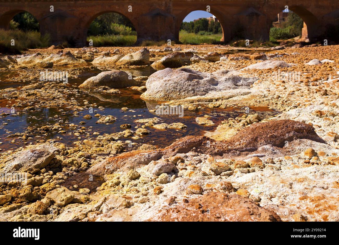 Bridge over acidic rio (river) Tinto in Niebla (Huelva), Spain, Europe ...