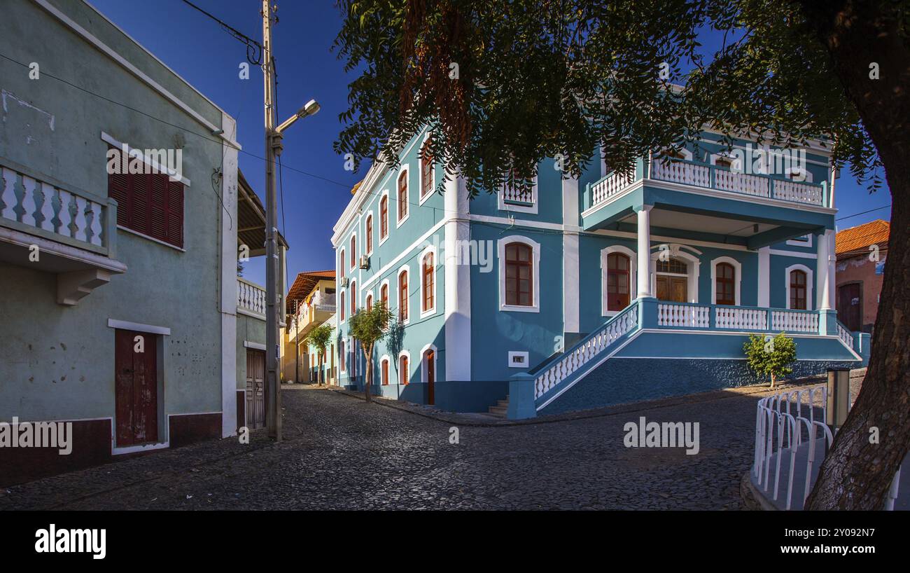 Light blue town hall in a small town Stock Photo - Alamy