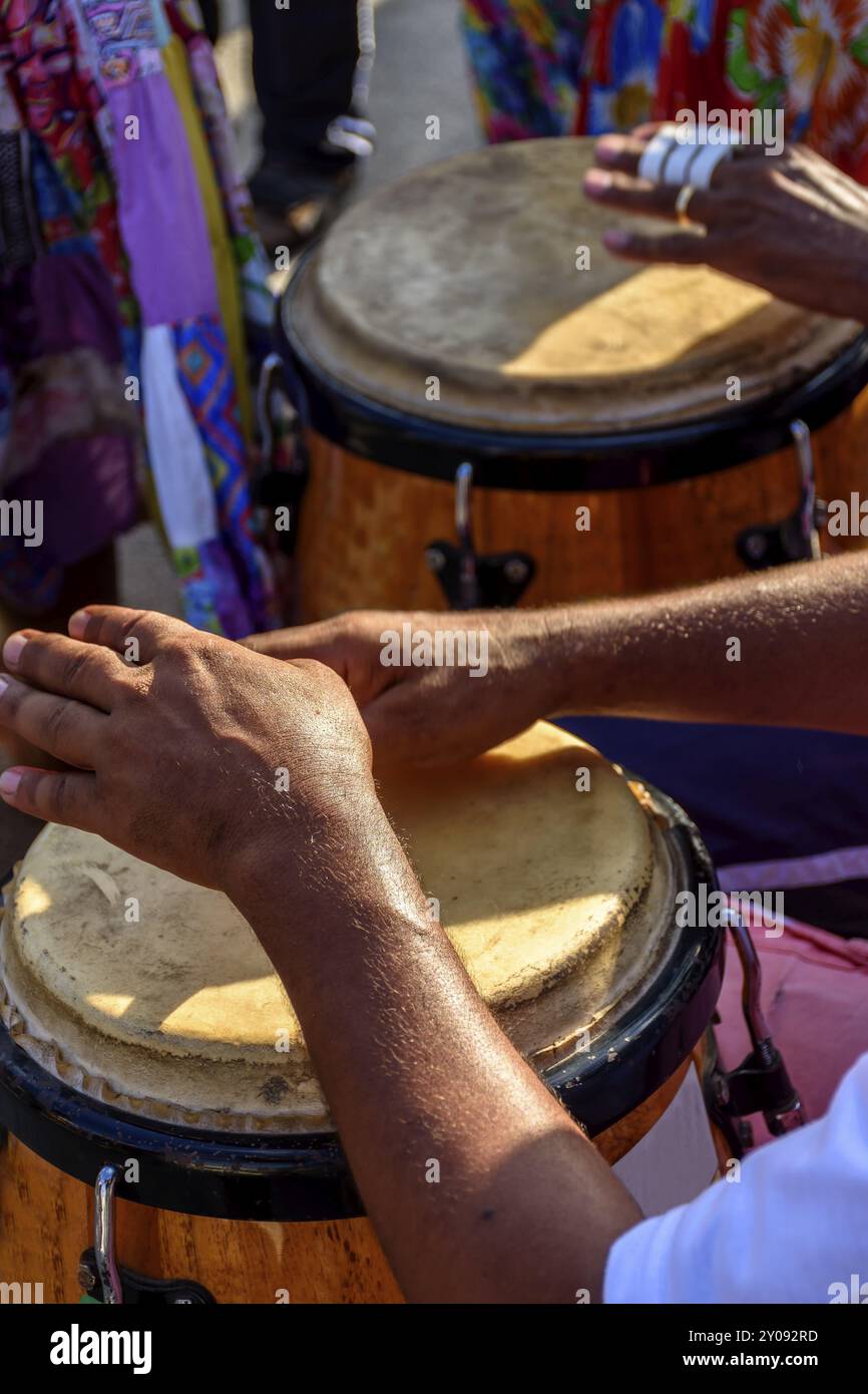 Percussionist playing atabaque during folk samba performance on the ...