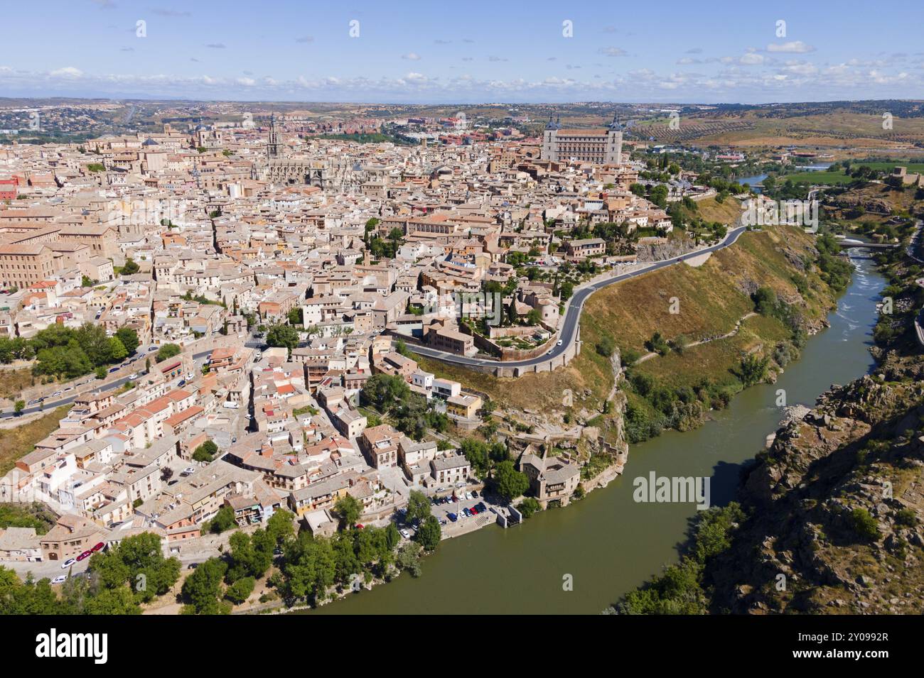 Aerial view of a historic city with many houses, a city wall and a ...