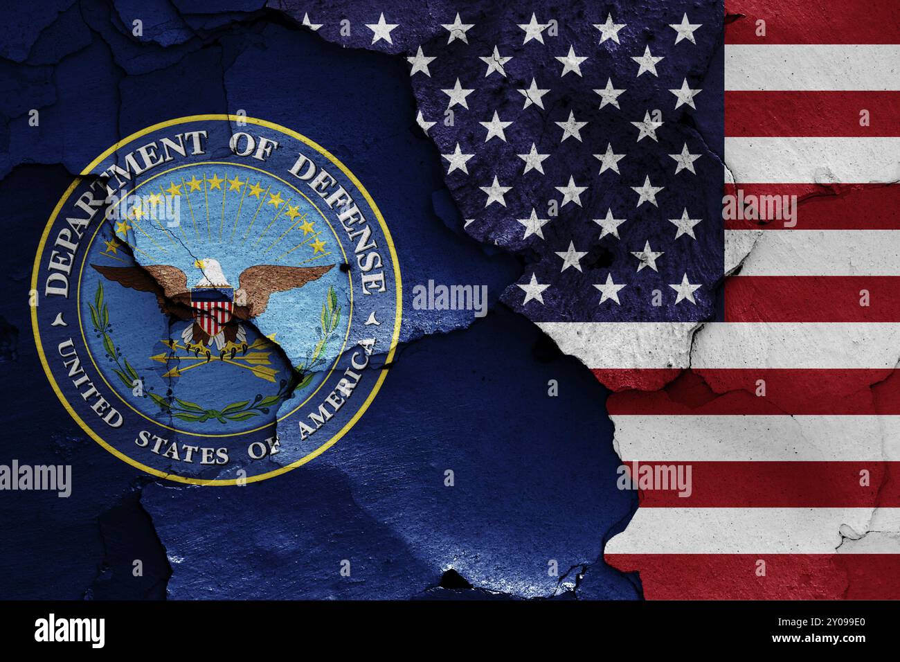 Flags of Department of Defense and USA painted on cracked wall Stock ...