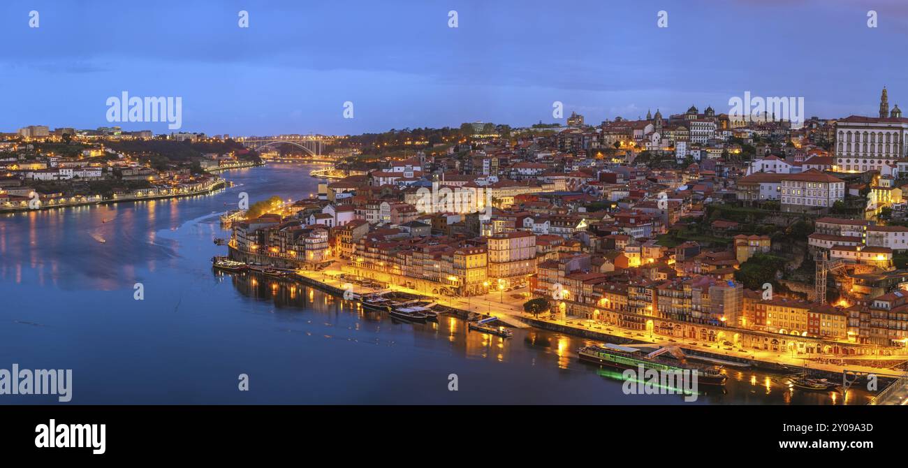 Porto Portugal night panorama city skyline at Porto Ribeira and Douro ...