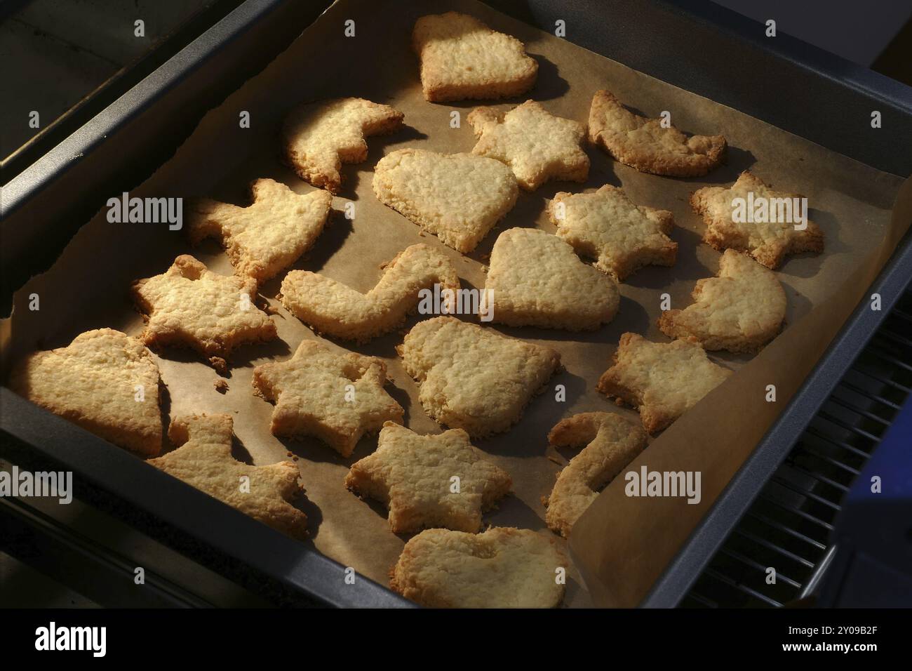 Homemade cookies, stars and hearts on a baking tray fresh out of the ...