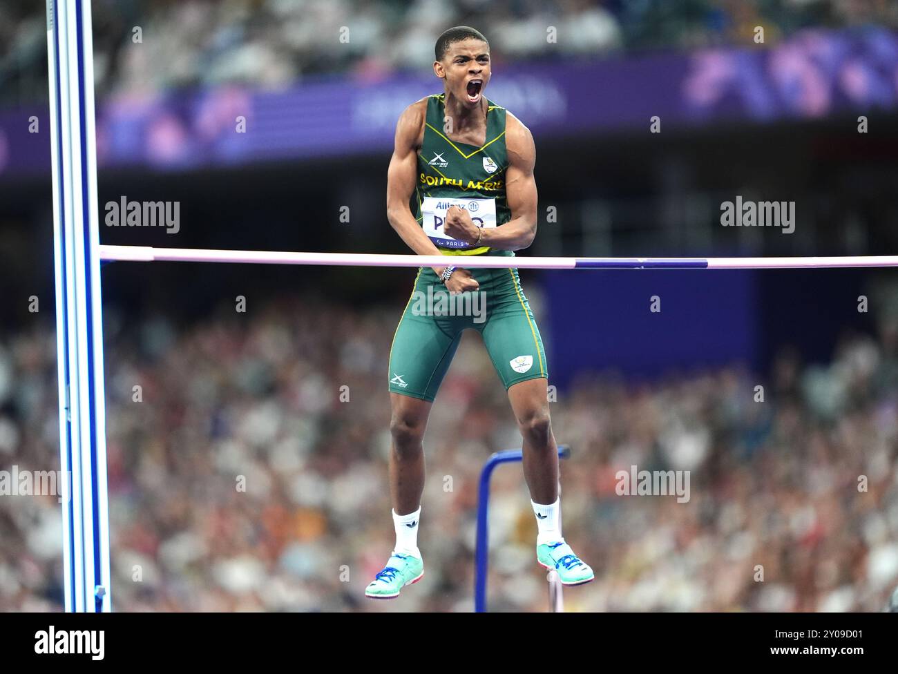 South Africa's Khumo Neo Pitso celebates after clearing the high jump ...