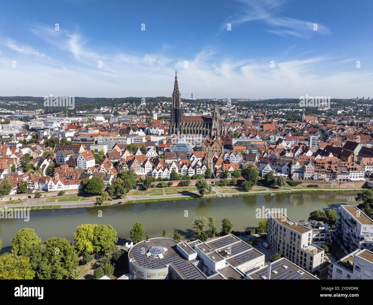 Aerial view of Ulm's historic city centre with the Danube and the ...