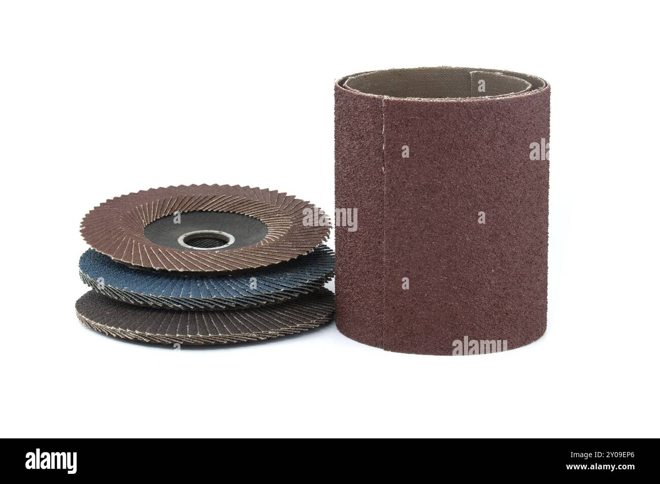 Several sanding discs and sandpaper in close-up view isolated on white ...