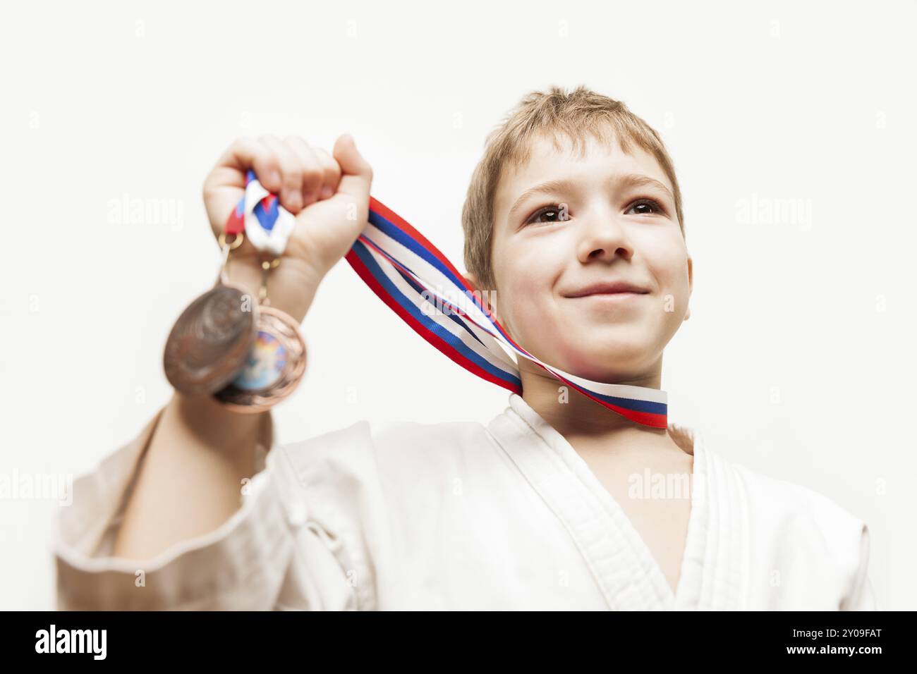 Martial art sport success and win concept, smiling karate champion ...