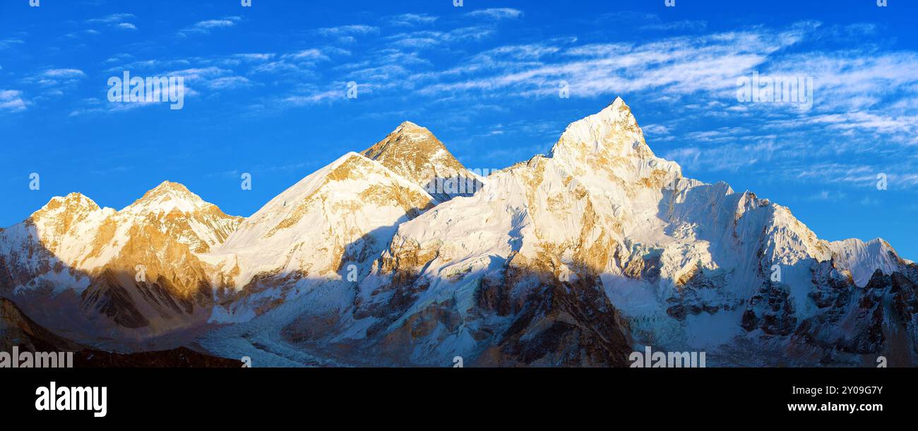 Mount Everest and Nuptse, evening panoramic view with beautiful sunset ...