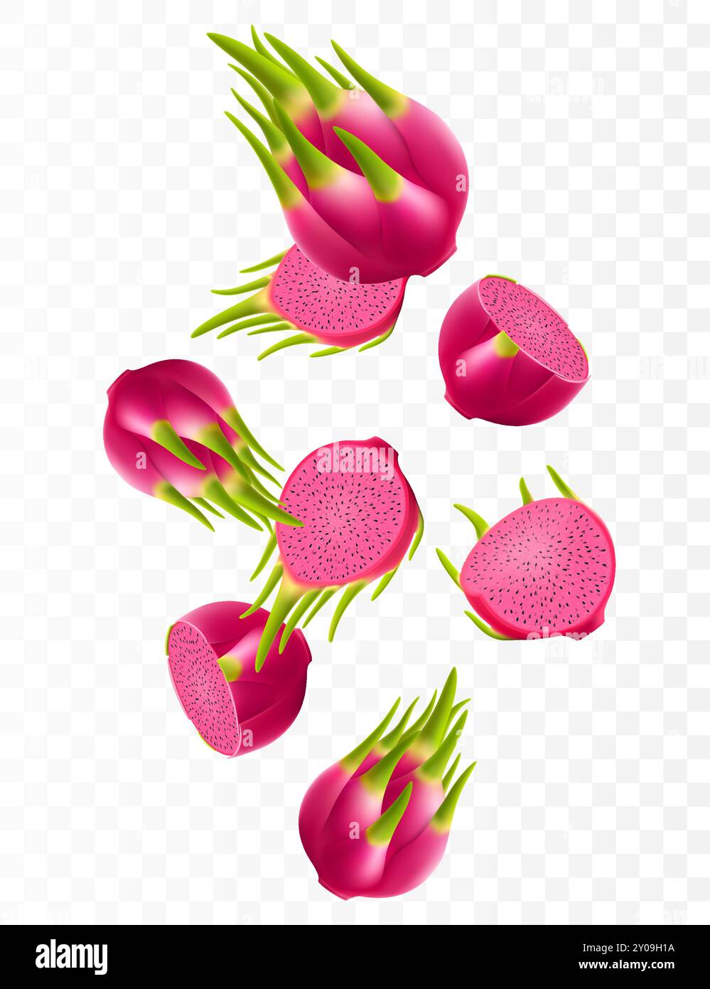 Flying ripe red dragon fruit. Bright background falling juicy fruit ...