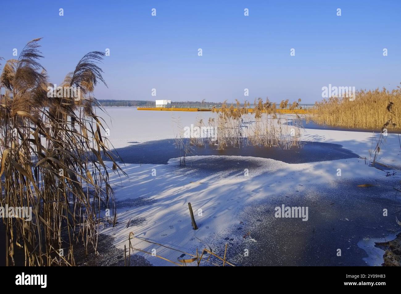 Floating footbridge, Lusatian Lake District, Floating bridge in winter ...