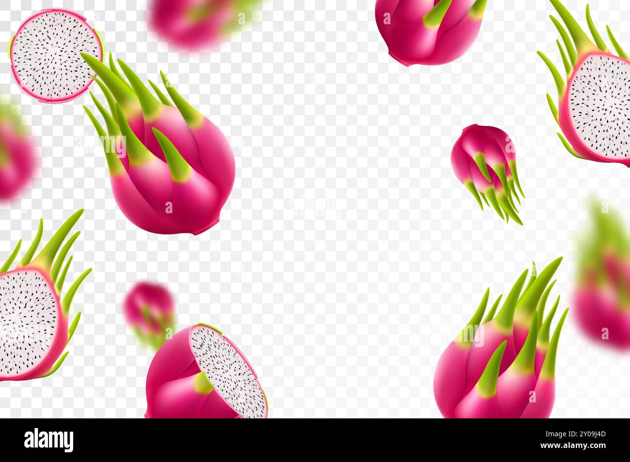 Flying ripe dragon fruit. Bright background falling juicy fruit ...