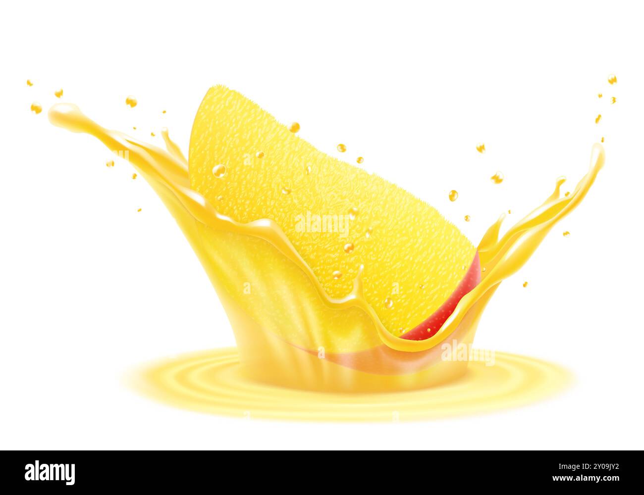 Fresh ripe exotic mango falls into a splash of juice, isolated .on ...