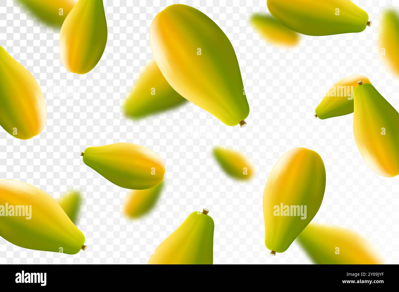 Flying ripe papaya. Bright advertising background falling juicy fruit ...