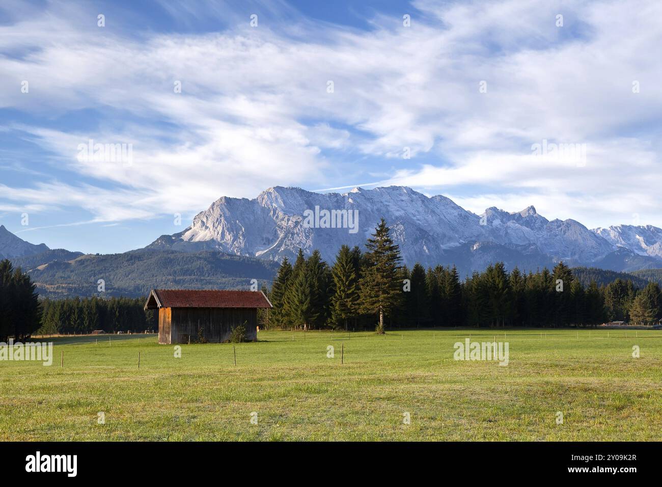 Wooden hut on alpine meadows, Bavarian mountains, Germany, Europe Stock ...