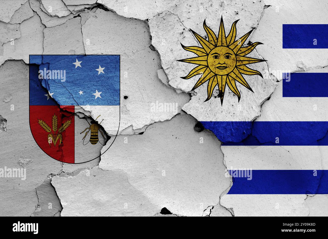Flags of Colonia Department and Uruguay painted on cracked wall Stock ...