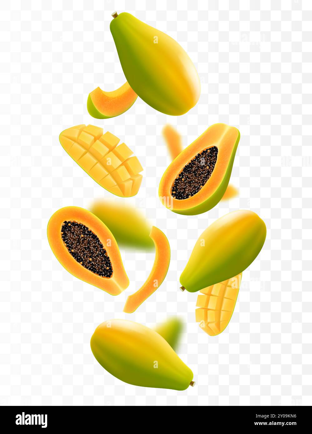 Flying ripe papaya. Bright advertising background falling juicy fruit ...