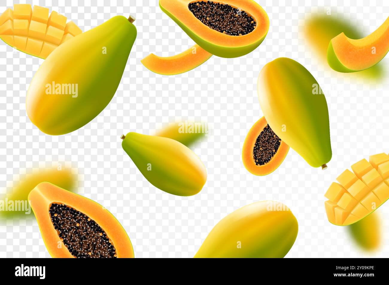 Flying ripe papaya. Bright advertising background falling juicy fruit ...