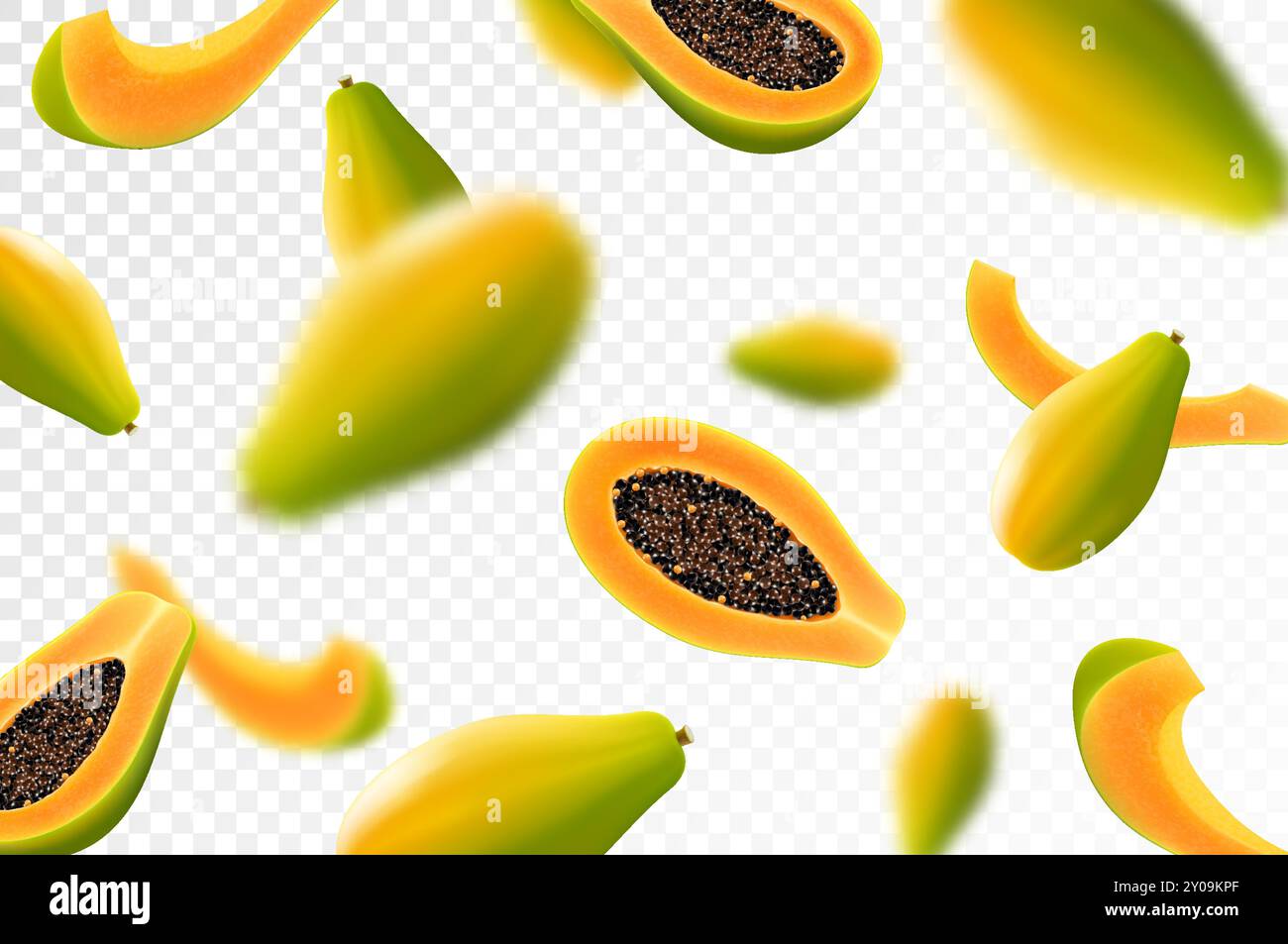 Flying ripe papaya. Bright advertising background falling juicy fruit ...