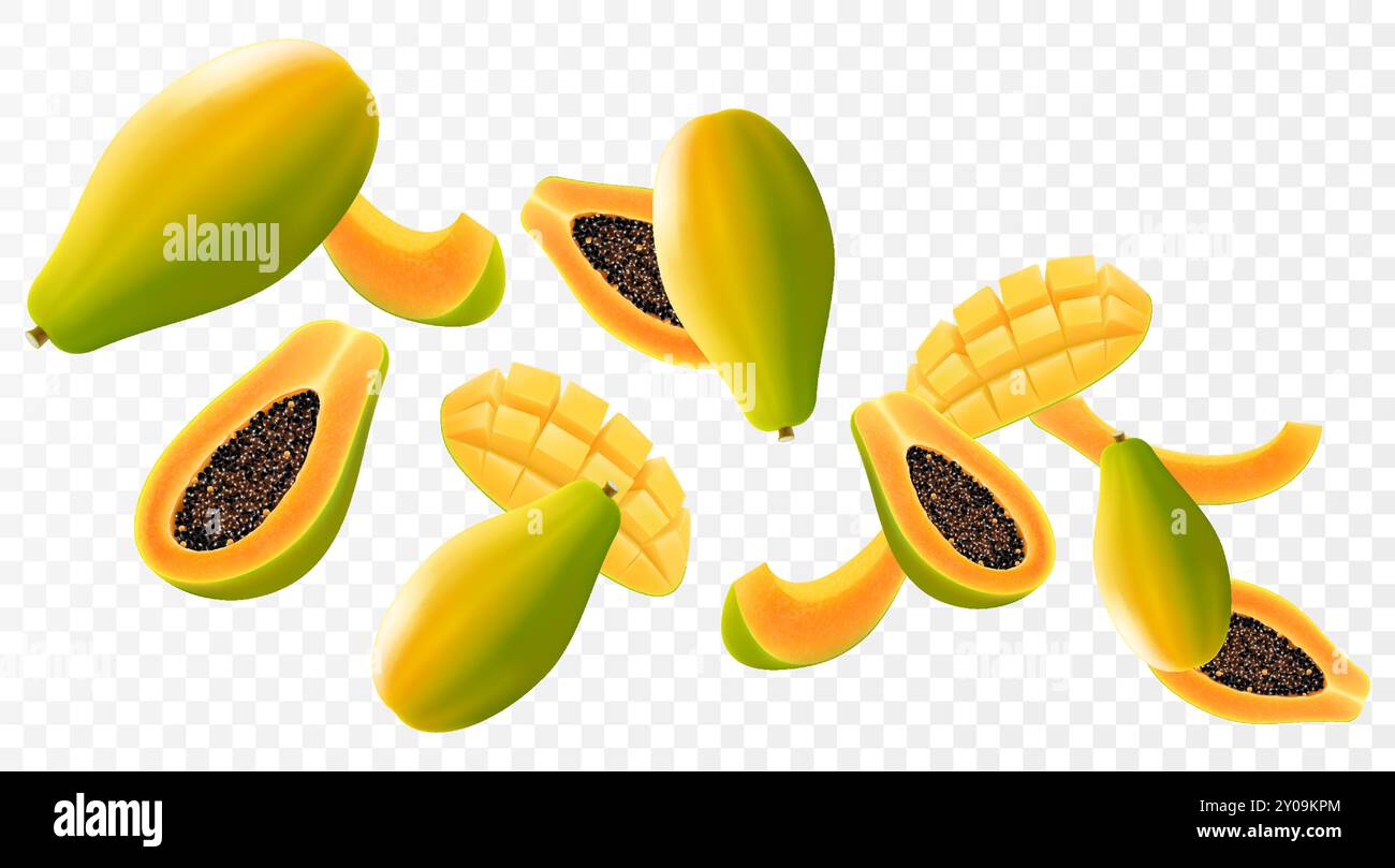 Flying ripe papaya. Bright advertising background falling juicy fruit ...