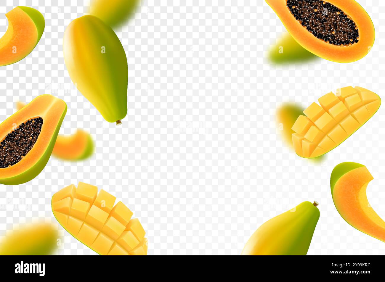 Flying ripe papaya. Bright advertising background falling juicy fruit ...