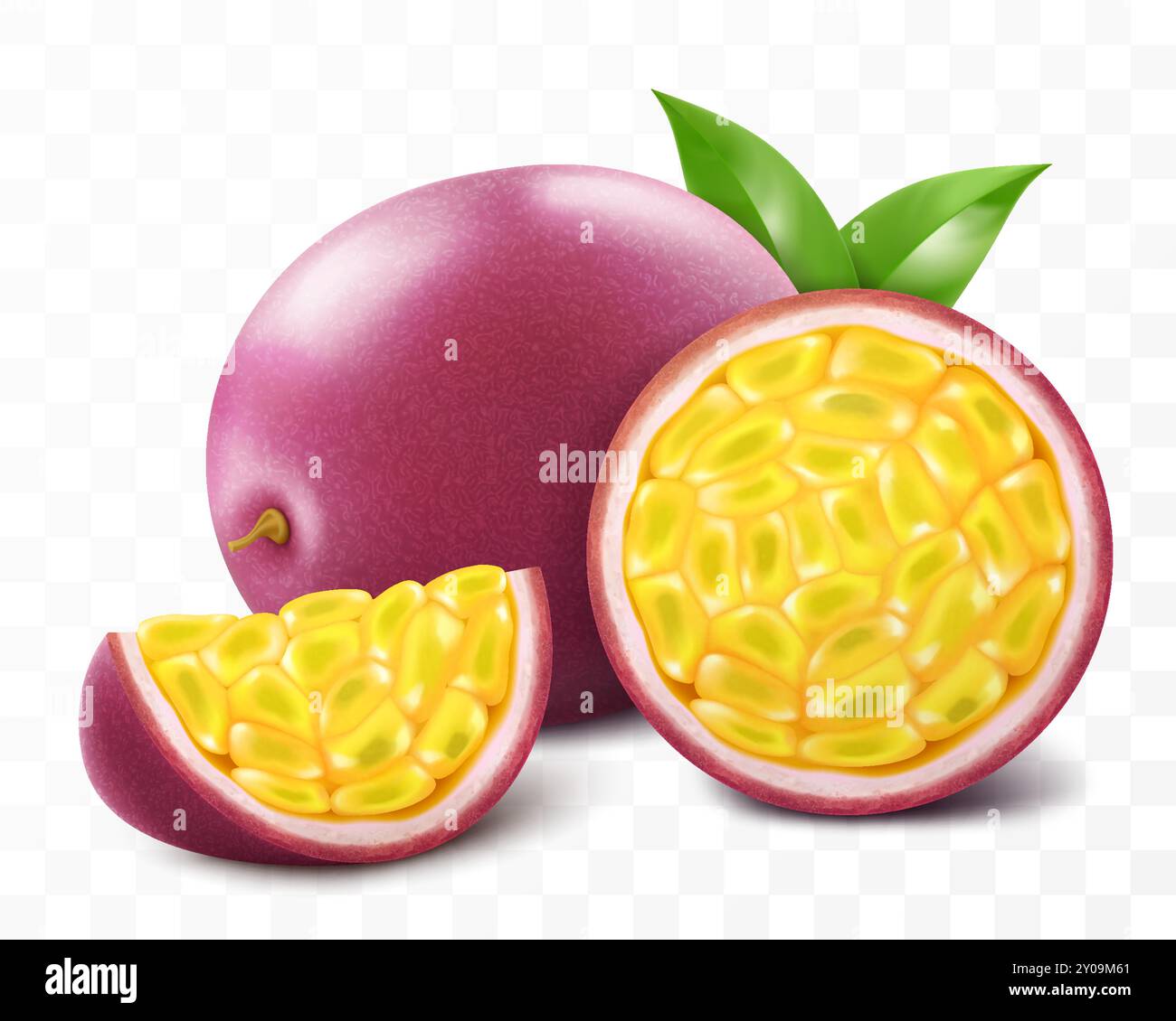 Passion fruit whole fruit and half sliced isolated on transparent ...