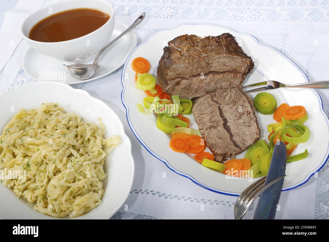 Swabian cuisine, roast beef, roast ox, herb spaetzle, meat dish, gravy ...