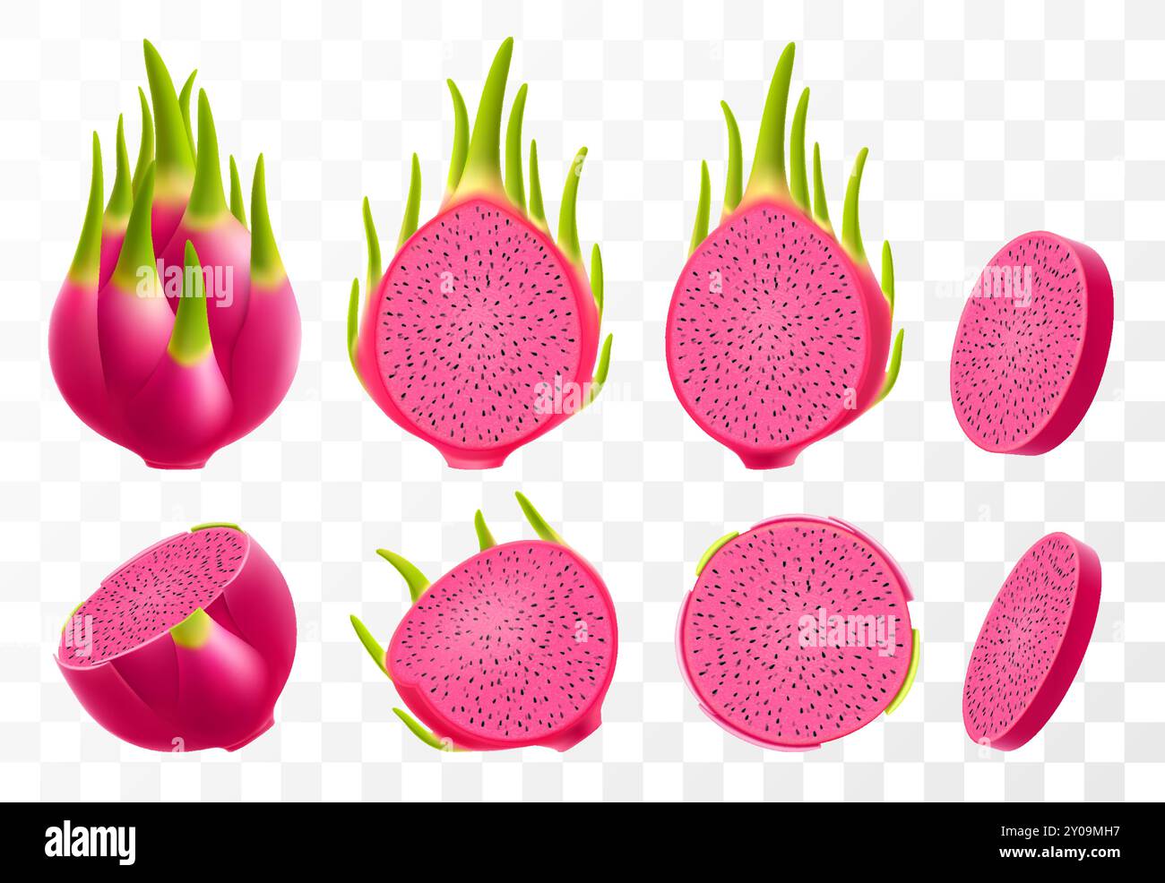 Set of Dragon fruits. Whole, half and slices of Pitaya, ripe pitahaya ...