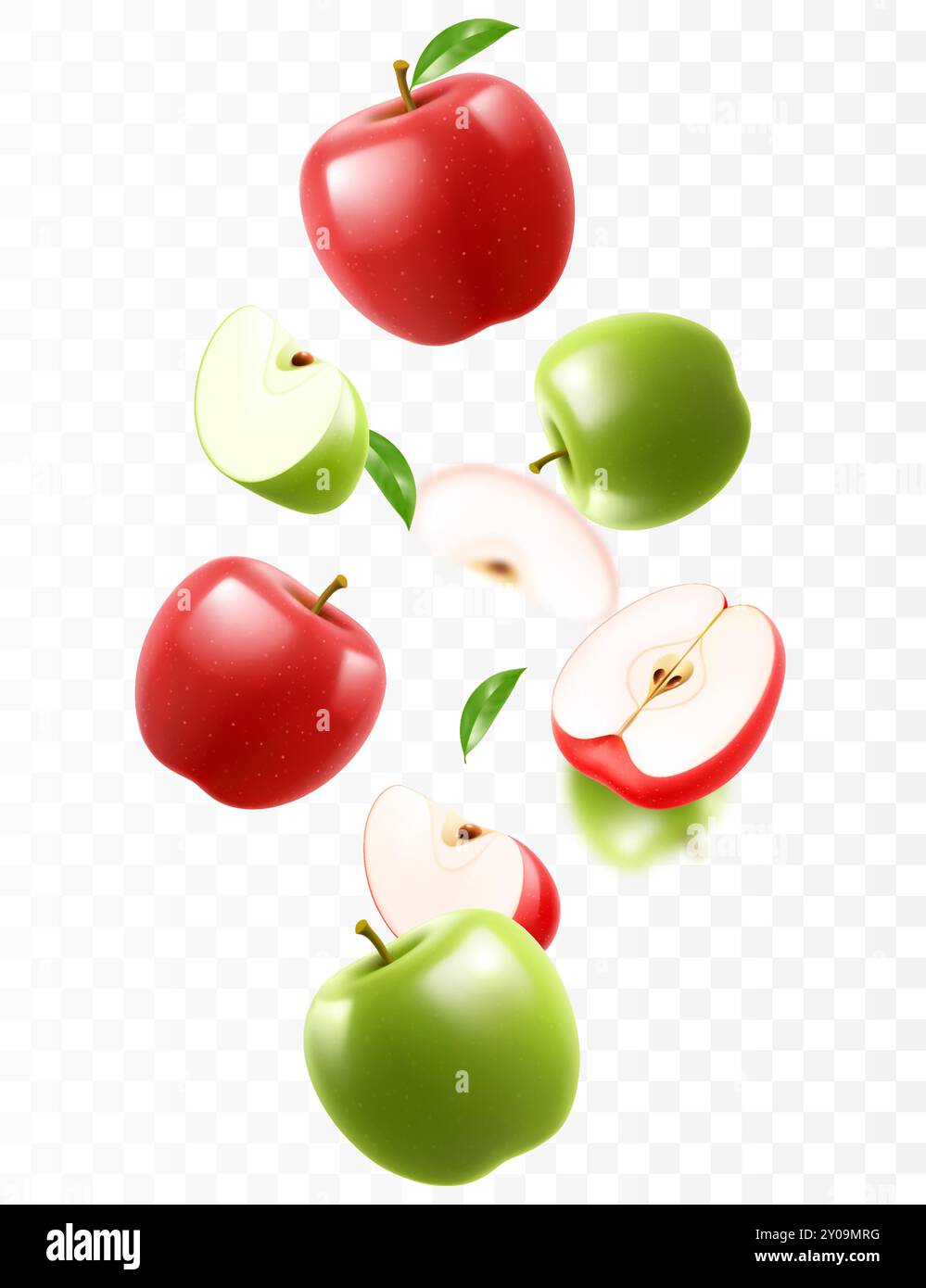 Flying red and green juicy apples. Bright background falling apples ...