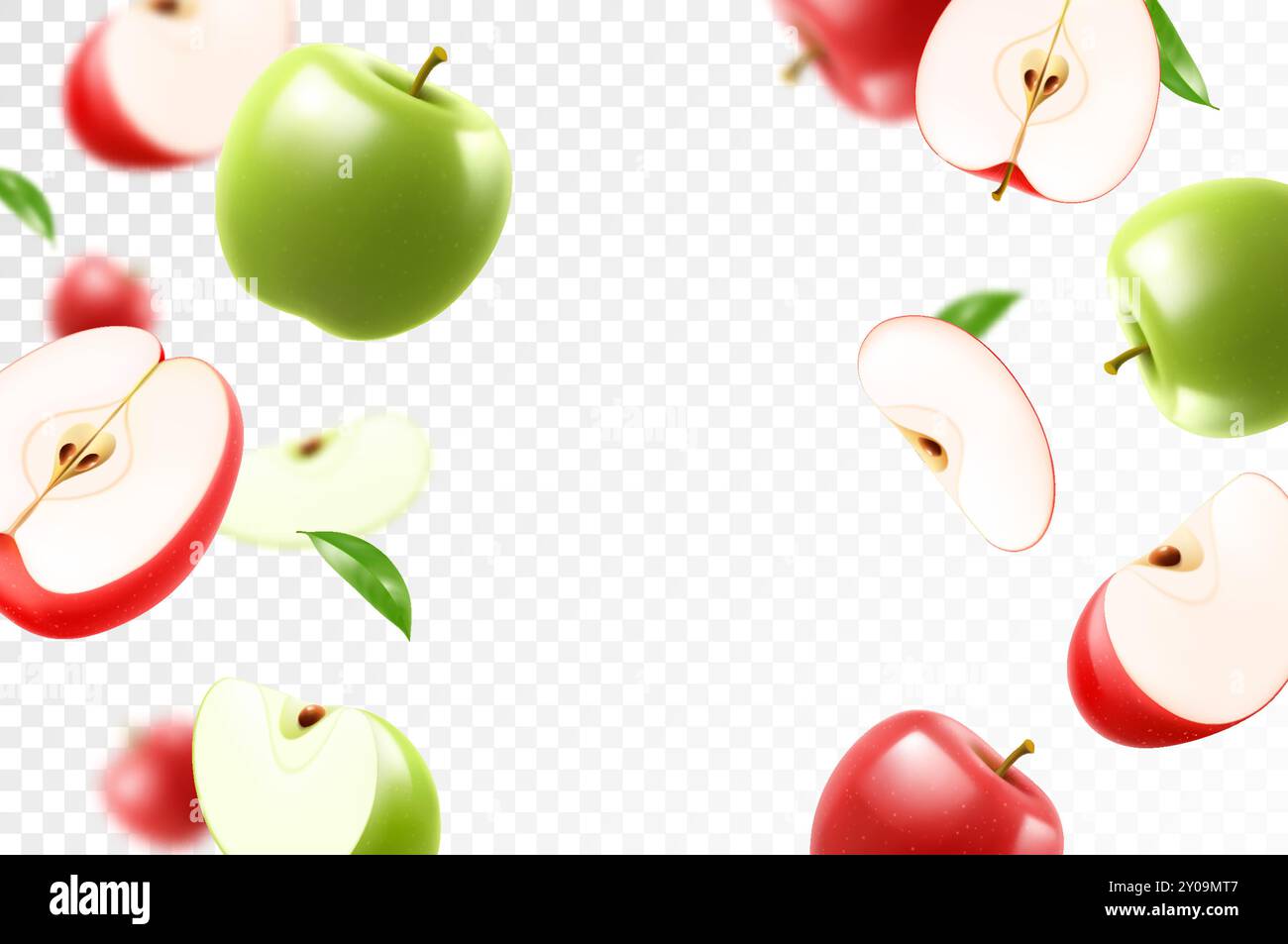 Flying red and green juicy apples. Bright background falling apples ...