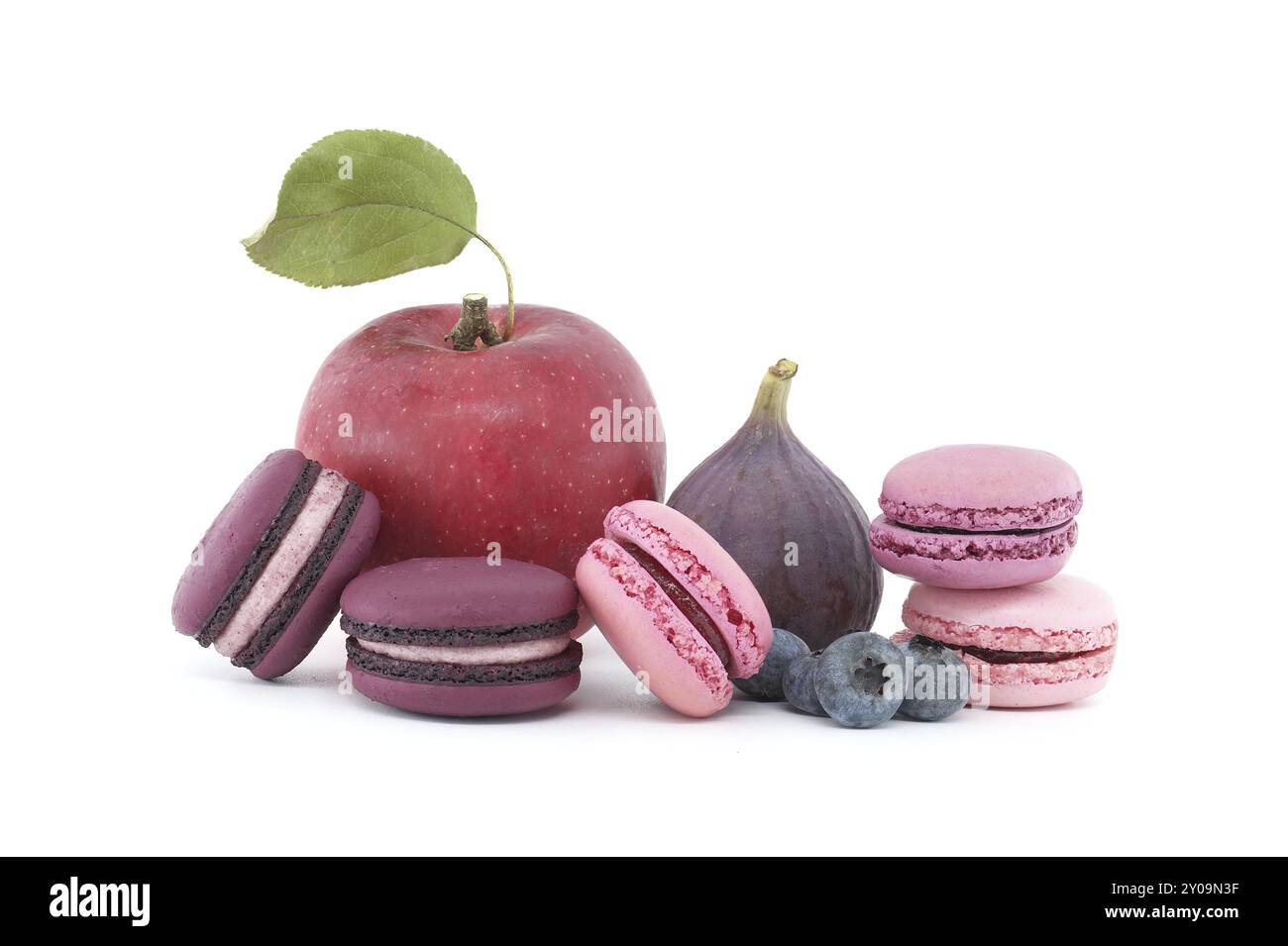 Group of colorful macarons and fruits isolated on white background ...