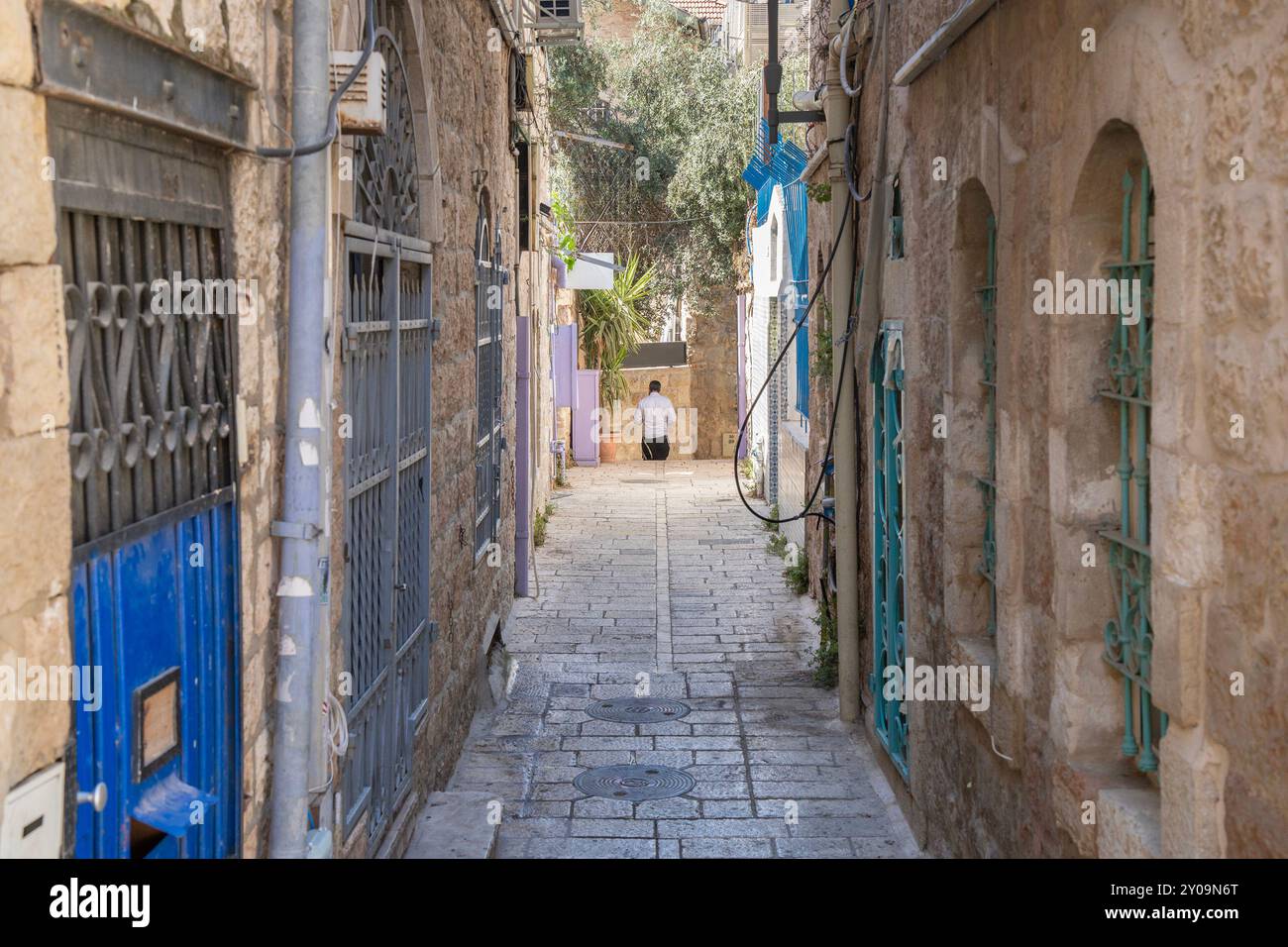 A typical alley in the old neighborhoods of Jerusalem, Israel, with ...