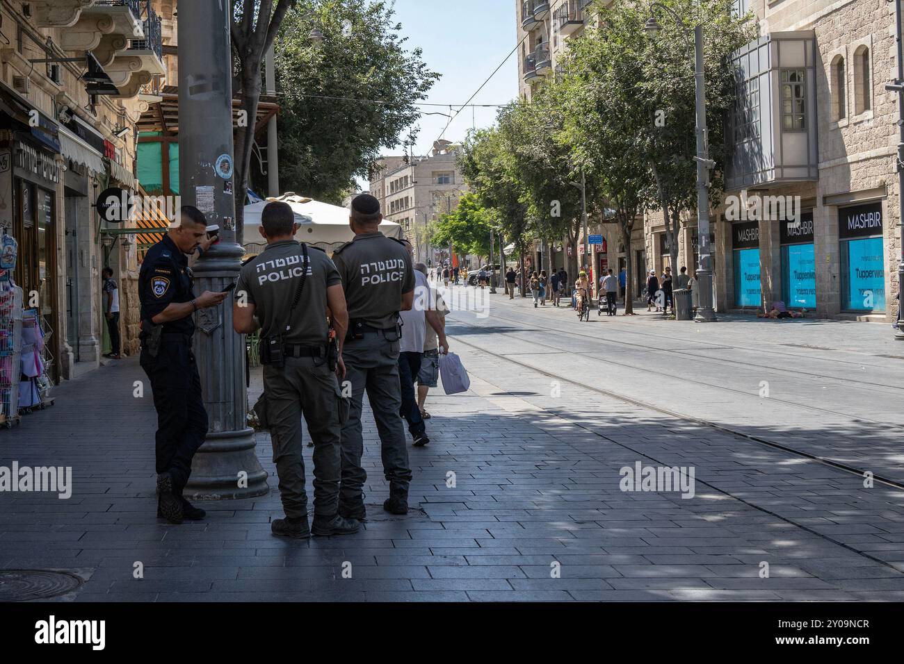 Jerusalem, Israel - July 2nd, 2024: Three Israeli policemen on Jaffa ...