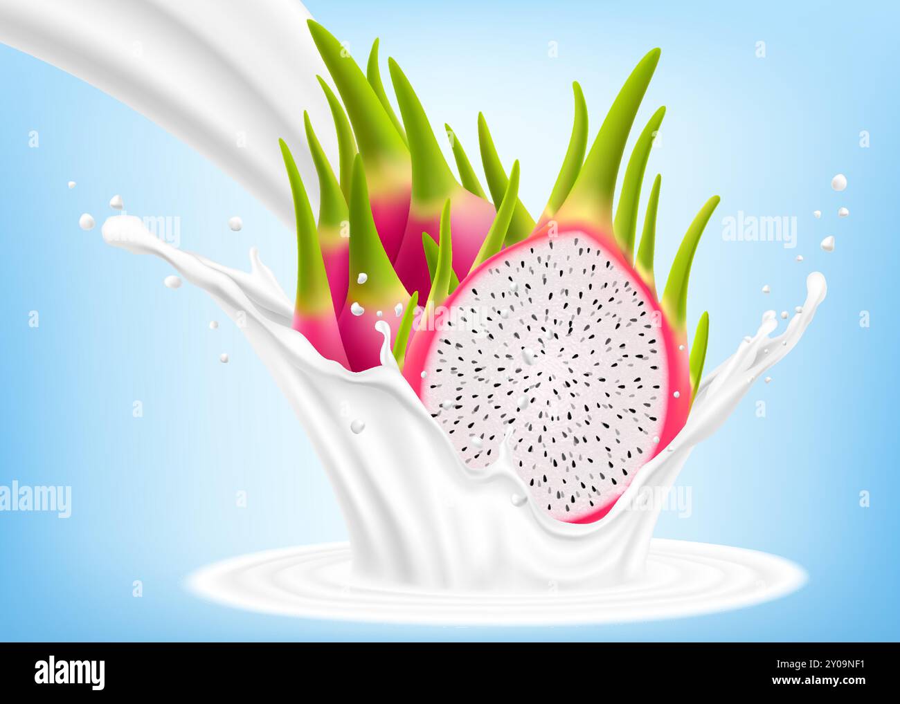 Exotic, tropical Dragon fruit in splash of yogurt or milk, cocktail ...