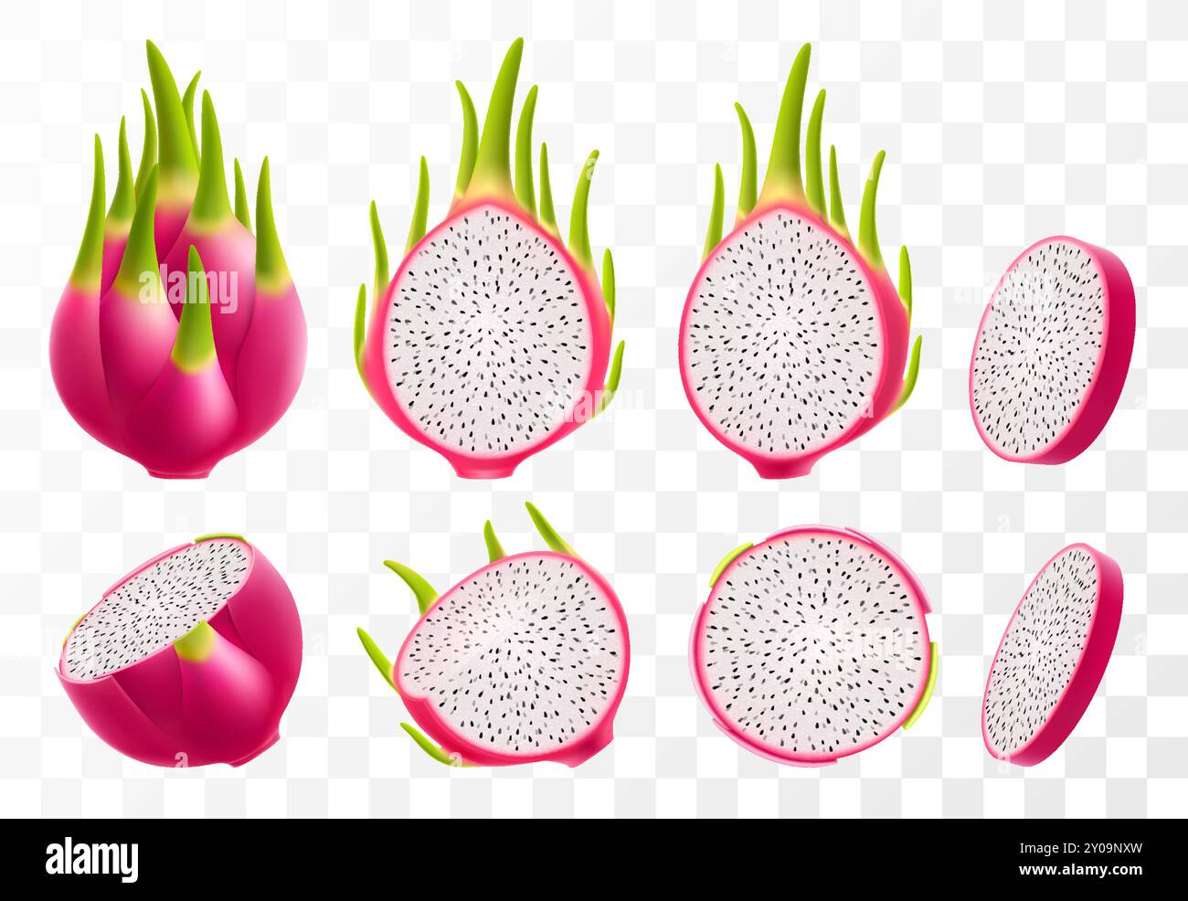 Set of Dragon fruits. Whole and pieces of ripe Pitaya, cut pitahaya ...