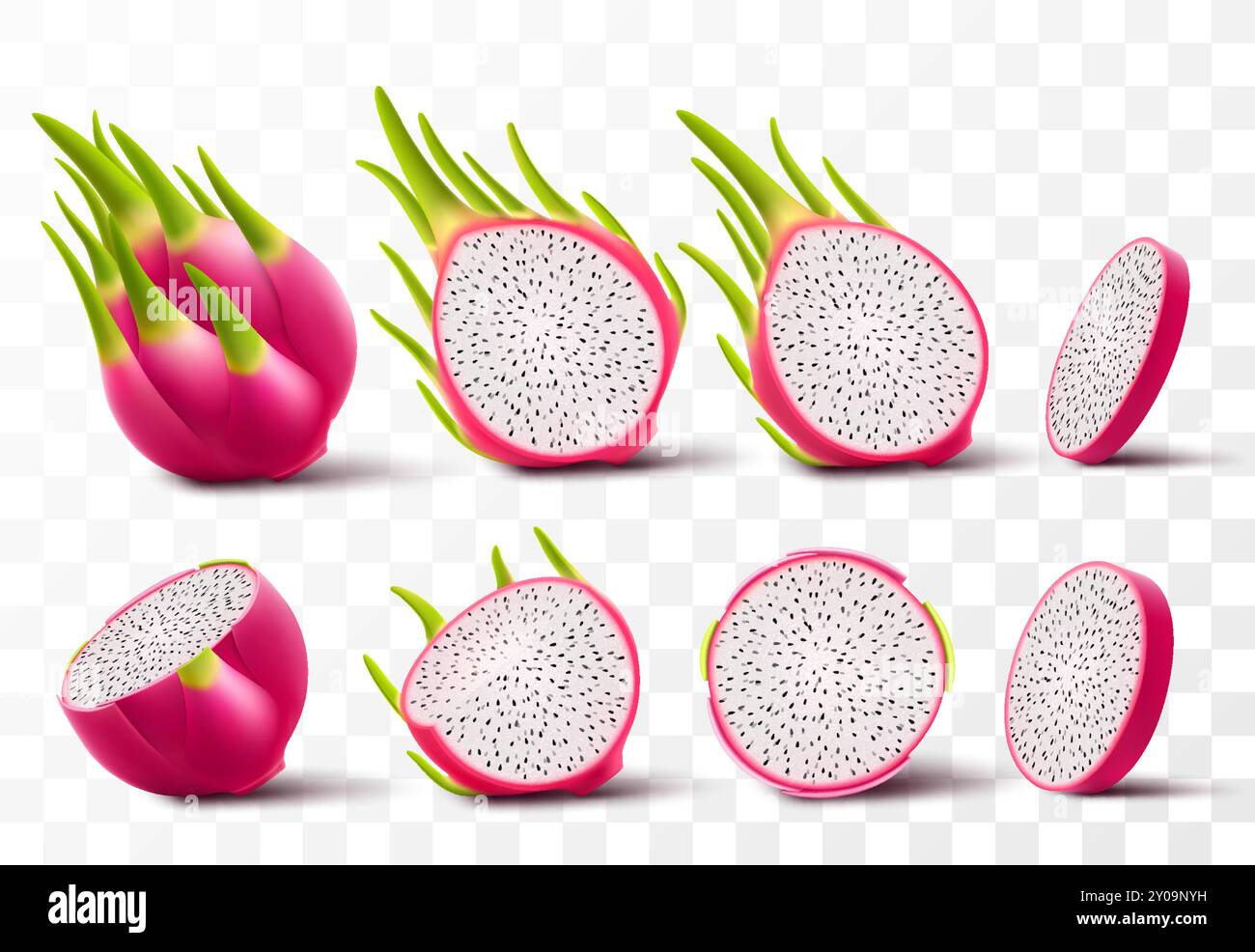 Set of Dragon fruits. Whole and pieces of ripe Pitaya, cut pitahaya ...