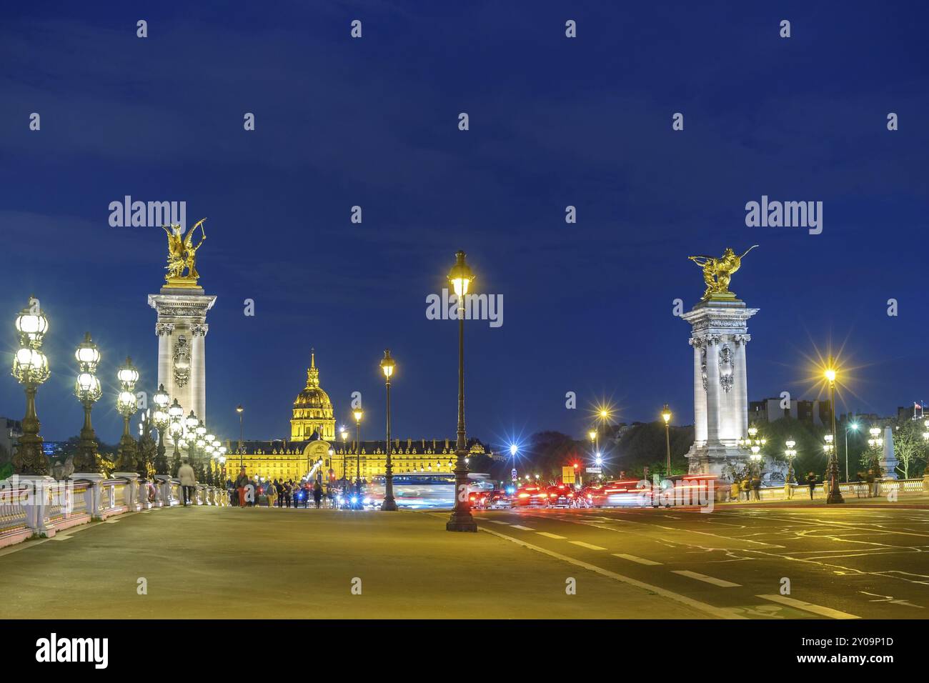 Paris France city skyline night at Seine River with Pont Alexandre III ...