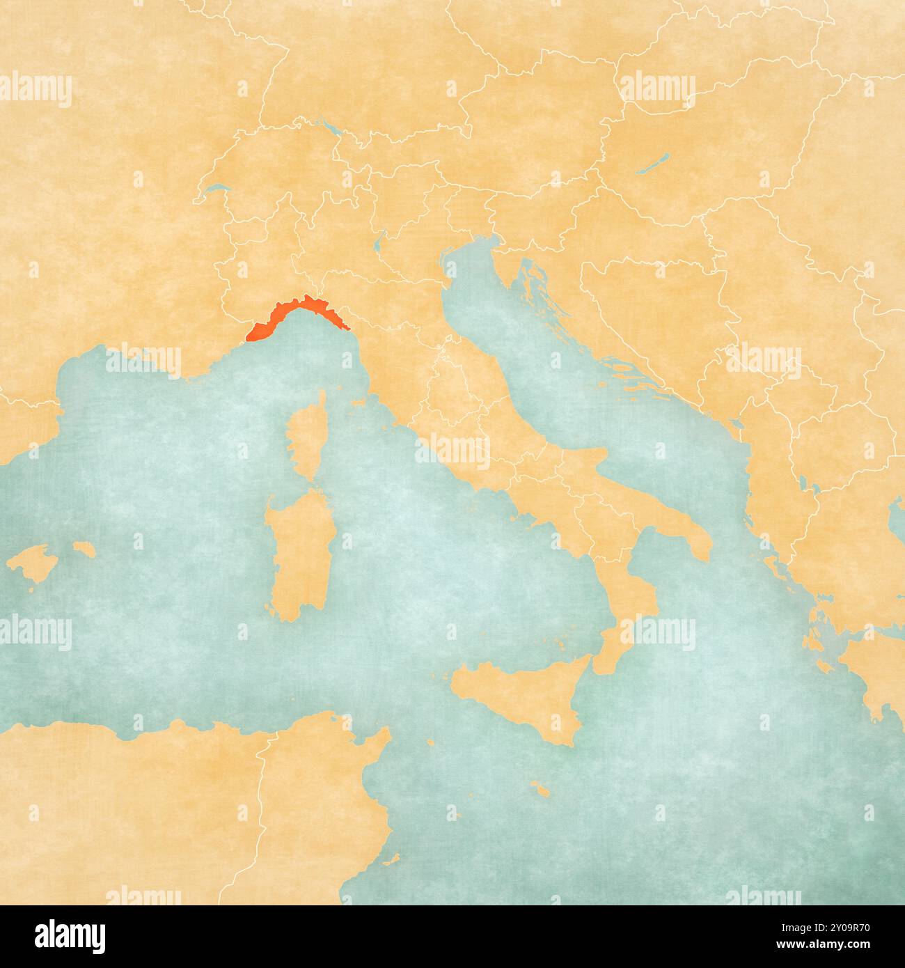 Liguria on the map of Italy in soft grunge and vintage style, like old ...